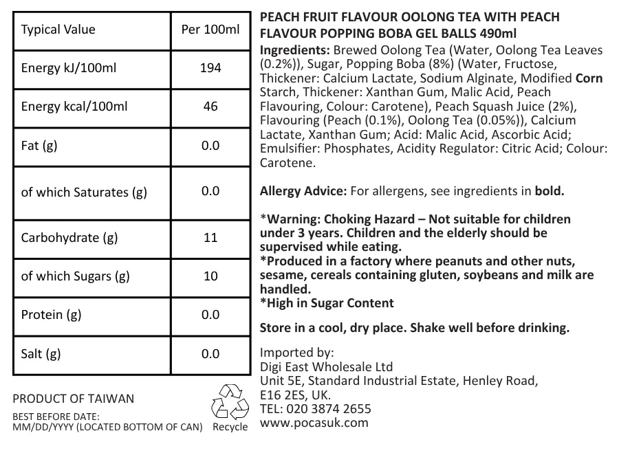 POCAS POPPING BOBA PEACH OOLONG TEA 24X490ML | Order Site